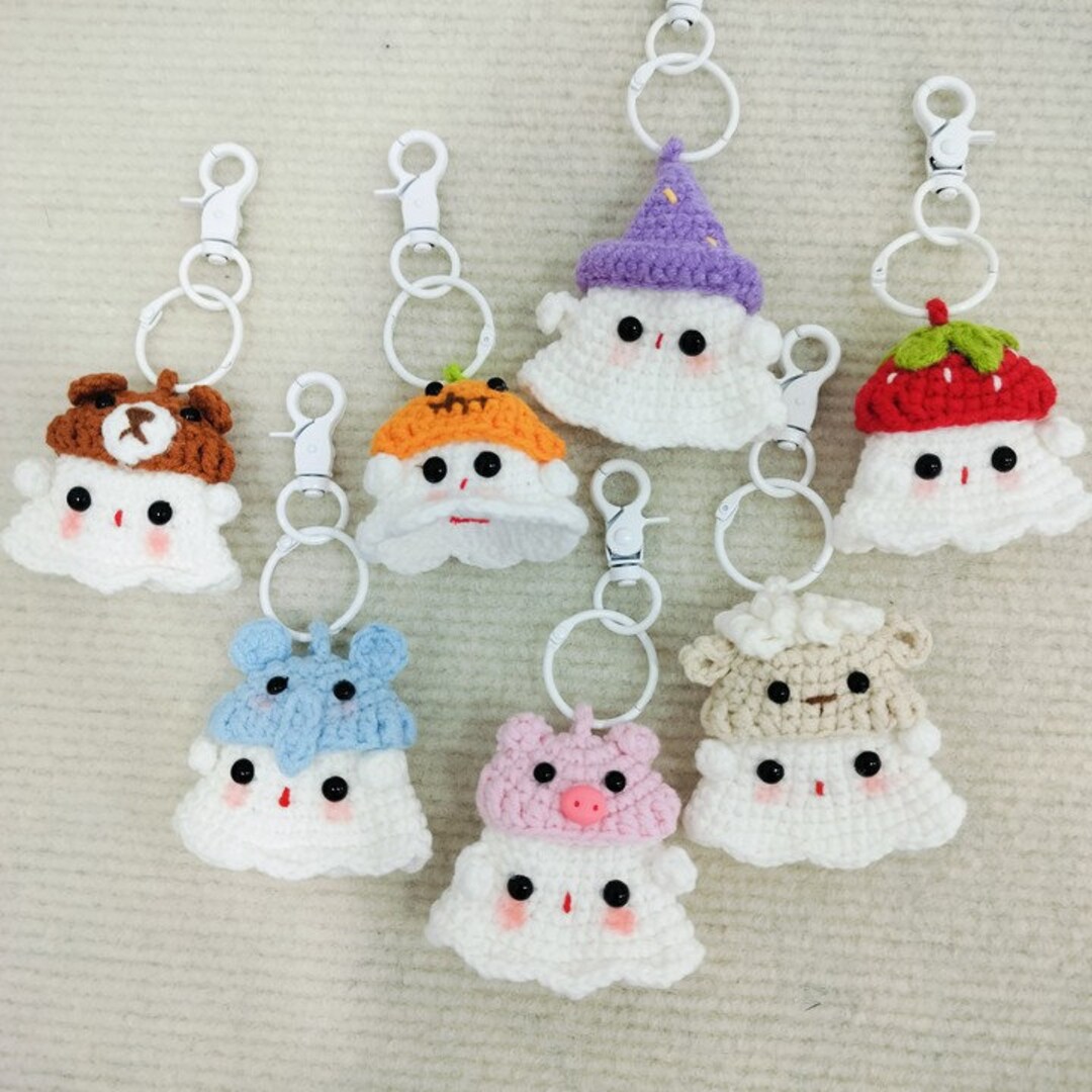 Cute Handmade Crochet Cloud Keychains With Adorable Animal Hats-unique ...