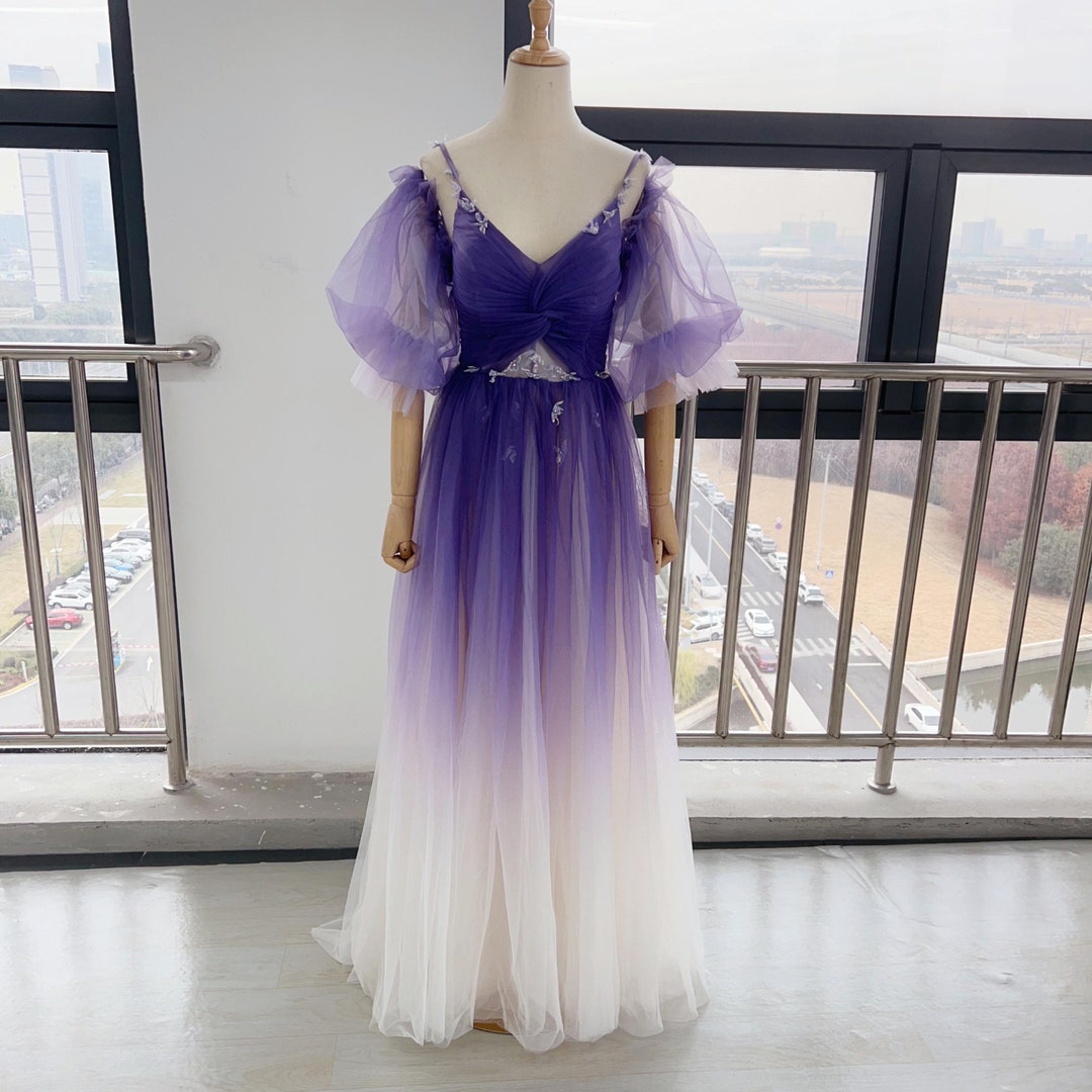 Purple Gradient Prom Dress,deep V Prom Dress A-line With Removable ...