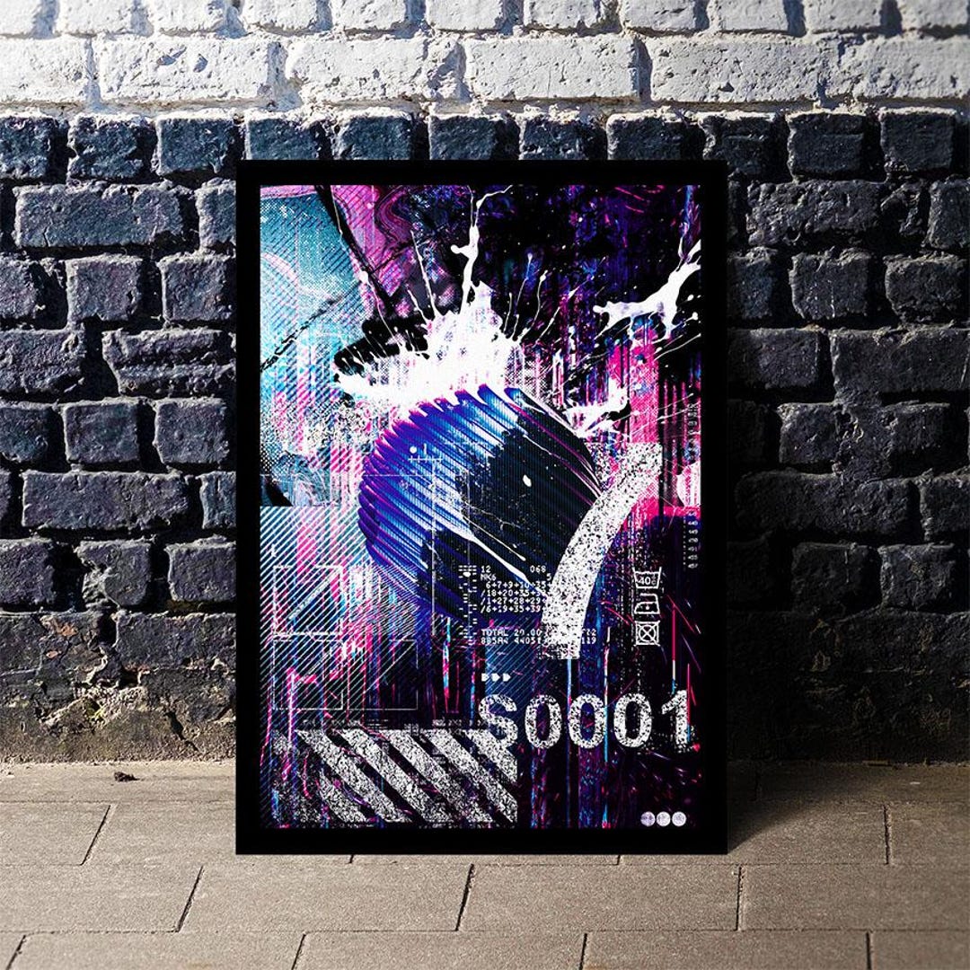 A3 Vibrant Neon Abstract Art Print, Glitch Inspired Digital Poster ...