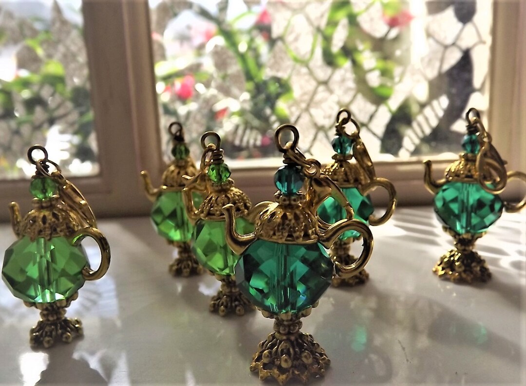 Green Crystal Tea Pot Charms, Tea Cup Charms, Tea Lovers Gift, Loose ...
