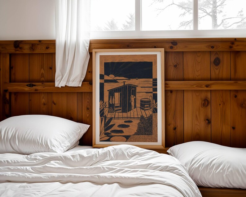 Sauna Art Print – Handmade Wellness Scene, Minimalist Wall Decor - Etsy