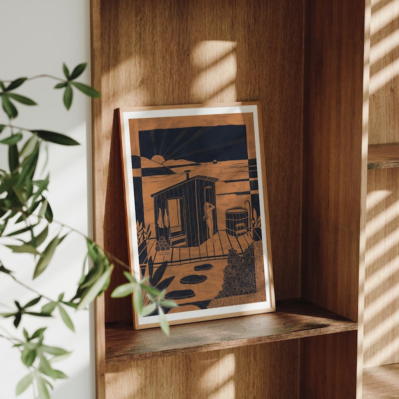 Sauna Art Print – Handmade Wellness Scene, Minimalist Wall Decor - Etsy