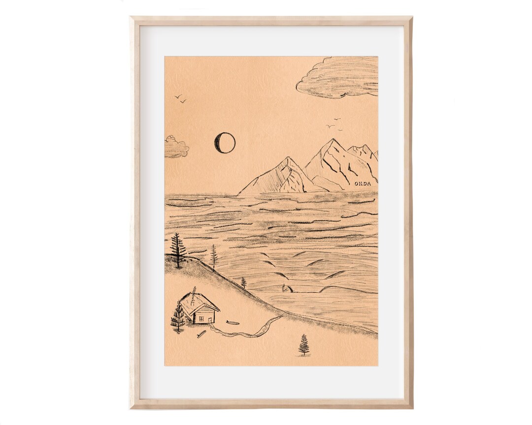 OCEANSIDE CABIN - Fine Art Print Surf Sketch Drawing Cosy Alpine Hut ...