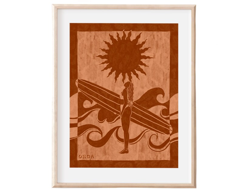 Retro Surfer Girl Print – Tropical Beach, Handmade Art - Etsy