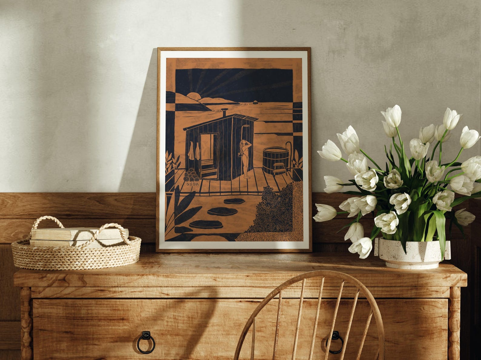 Sauna Art Print – Handmade Wellness Scene, Minimalist Wall Decor - Etsy