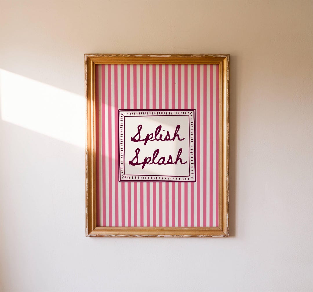 Splish Splash Bathroom Wall Art | Pink Striped Washroom Decor | Digital ...