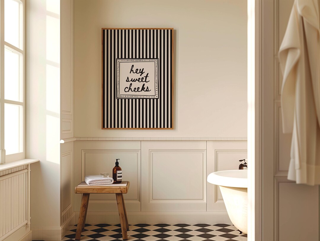 Hey Sweet Cheeks Print | Black Striped Bathroom Decor | Funny Restroom ...