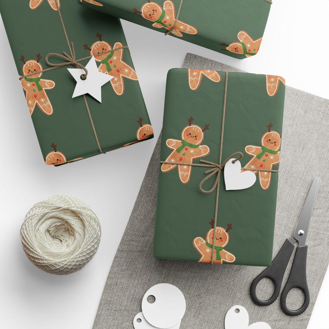 Gingerbread Men Wrapping Paper With Reindeer Antlers Classic Christmas ...