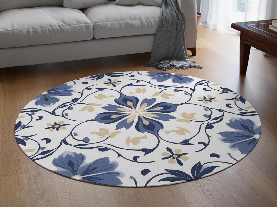 Round Rug, Blue and White Tile Pattern, Moroccan Inspired Carpet, Home ...