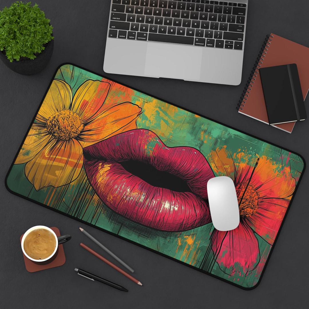 Urban Graffiti Desk Mat, Bright Flowers and Lips Line Art in Bold ...