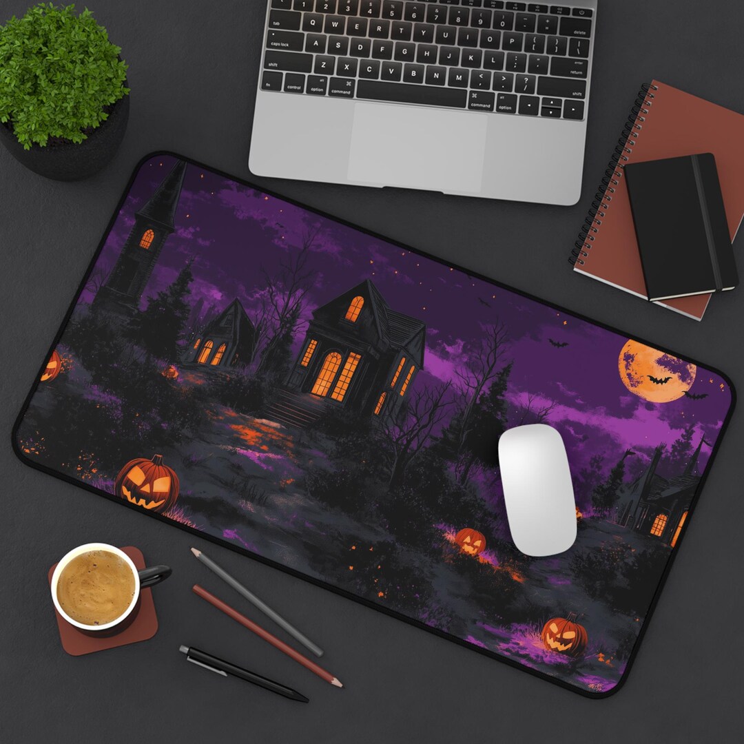 Halloween Haunted House Desk Mat, Large Spooky Mouse Pad With Pumpkins ...