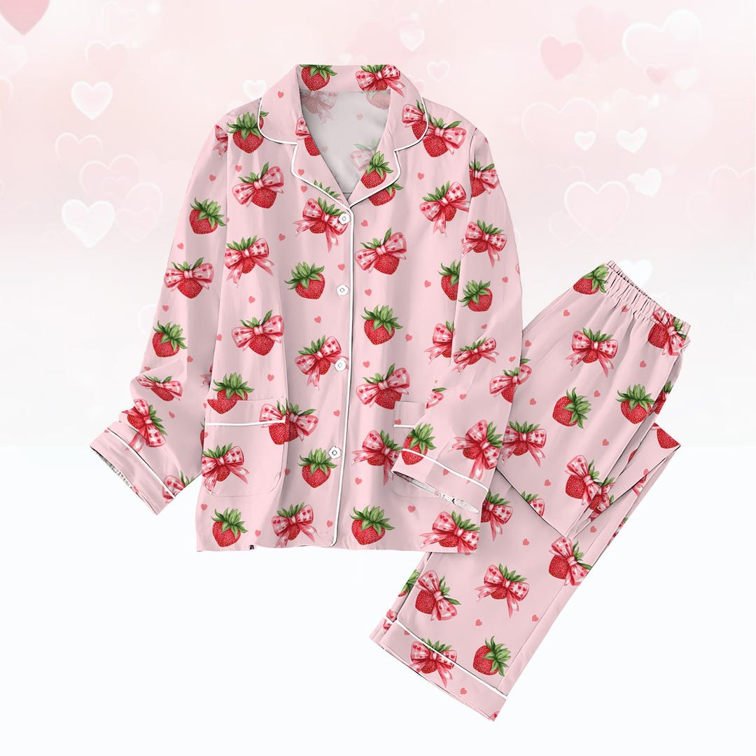 Strawberry Coquette Pajamas, Fruit Coquette Bow Thick Pajamas, Pink ...