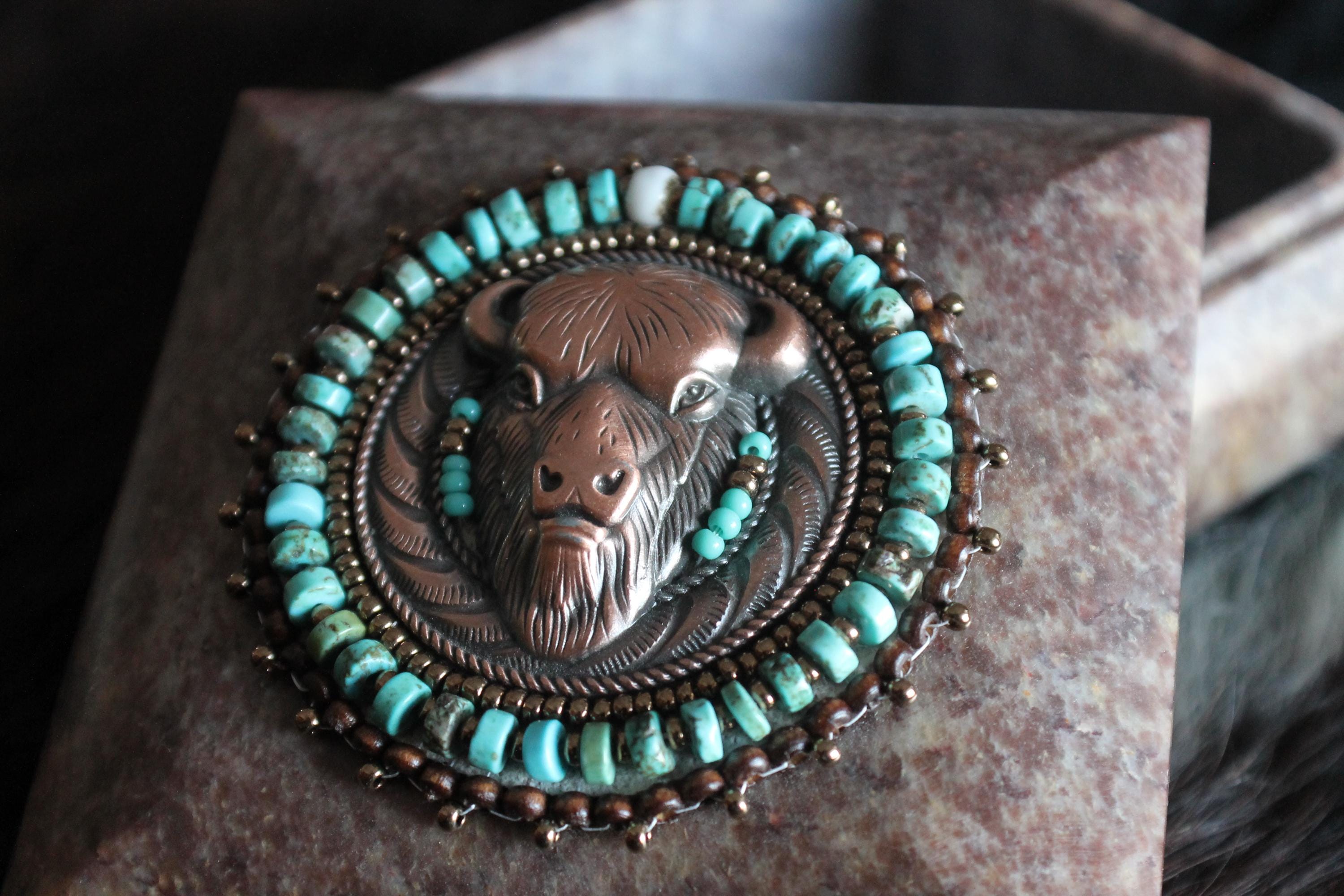 Beaded Buffalo Concho on Soapstone Box - Etsy
