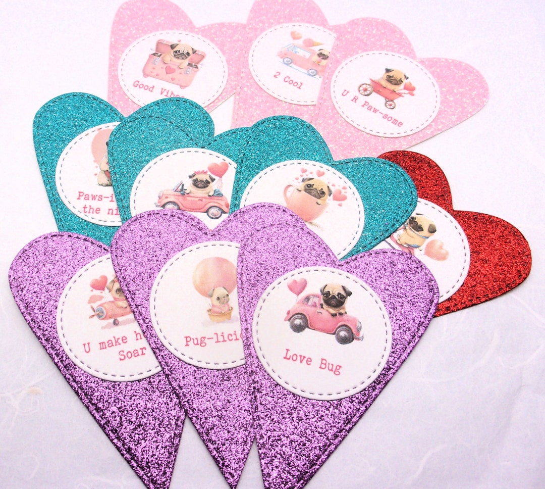 8 Glitter Valentine Cards - Pug Dog - Teachers Reward - Party Favor ...