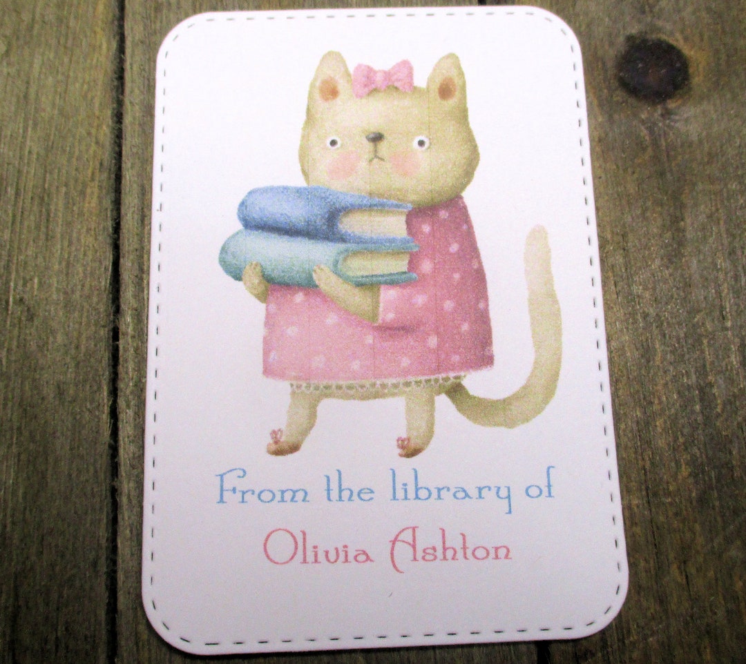 Cat With Books Personalized Bookplates -10 - Little Girl - Adhesive ...