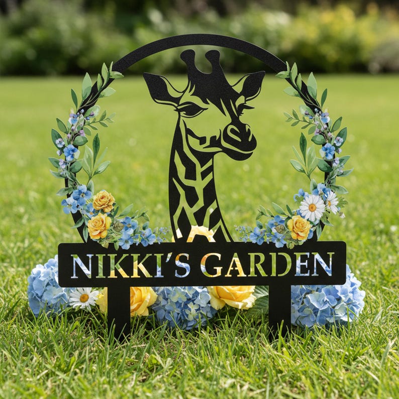 Custom Giraffe Garden Sign With Stake, Flower Garden Sign With Giraffe ...