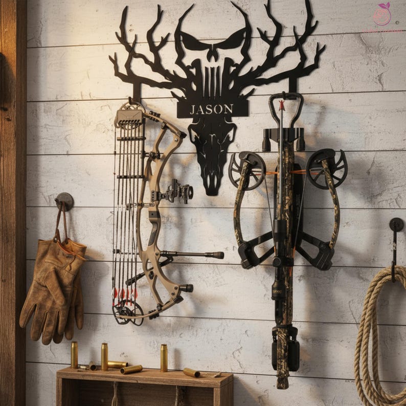 Custom Punisher Skull Antler Bow Holder, Personalized Name Hunting ...