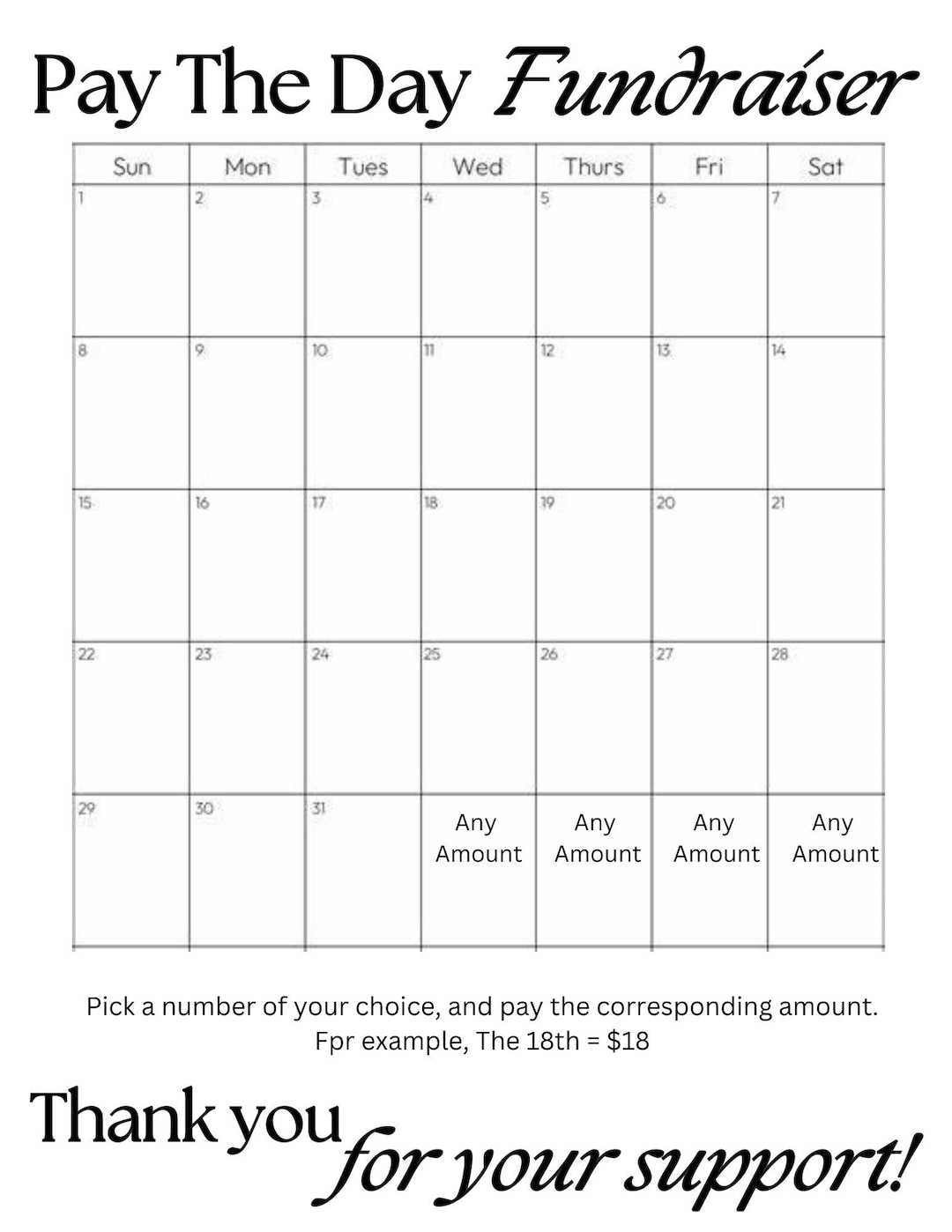 Simple Pay the Date Calendar Fundraiser - Etsy