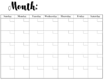 Editable Blank Monthly Calendar - Etsy