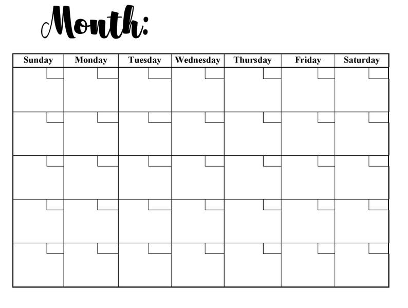 Blank Monthly Calendar Etsy