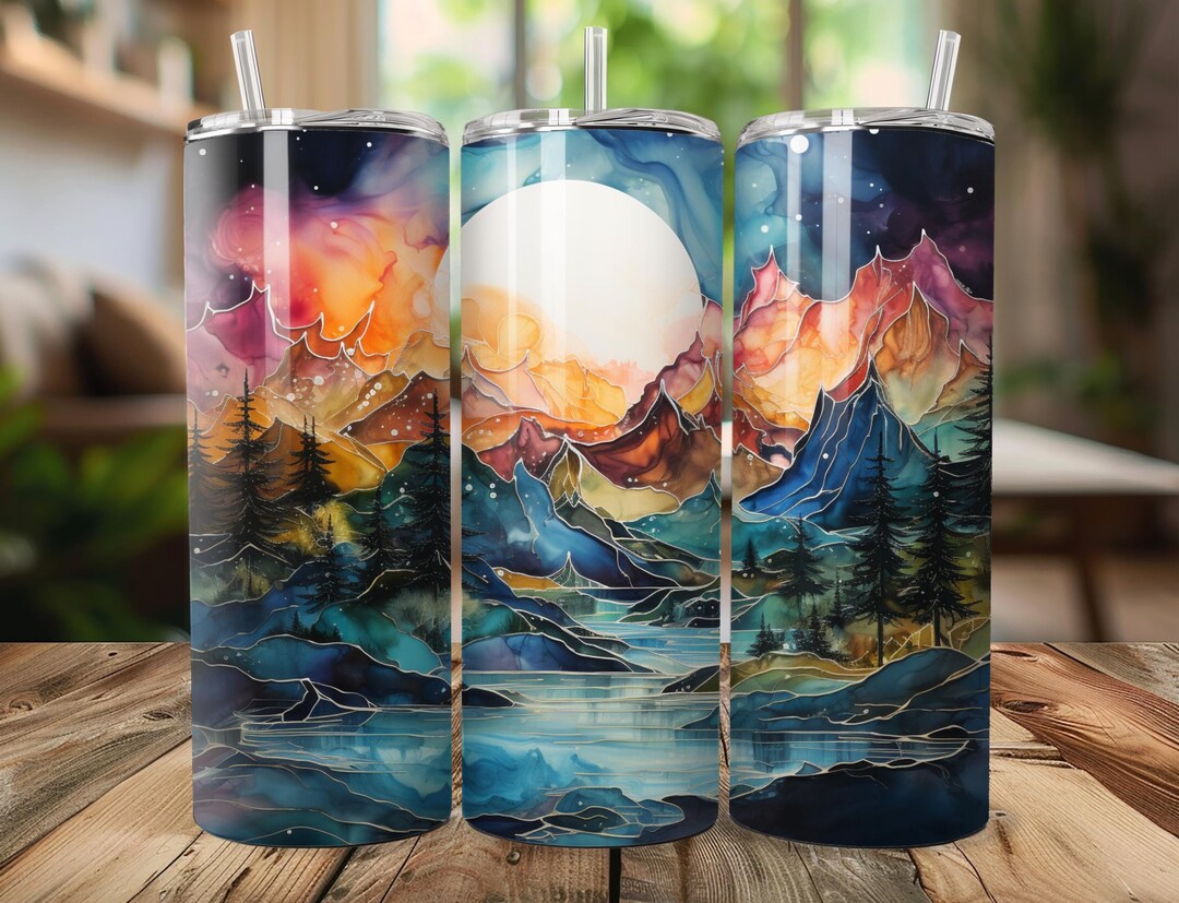 Alcohol Ink Art, Majestic Mountain Landscape, Full Moon Illustration ...