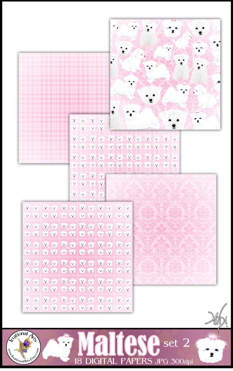 Maltese Doggies Set 2 18 Pink Digital Papers With Maltese - Etsy