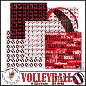 Volleyball Red and Black and White Digital Paper - With 18 Jpg Files of ...