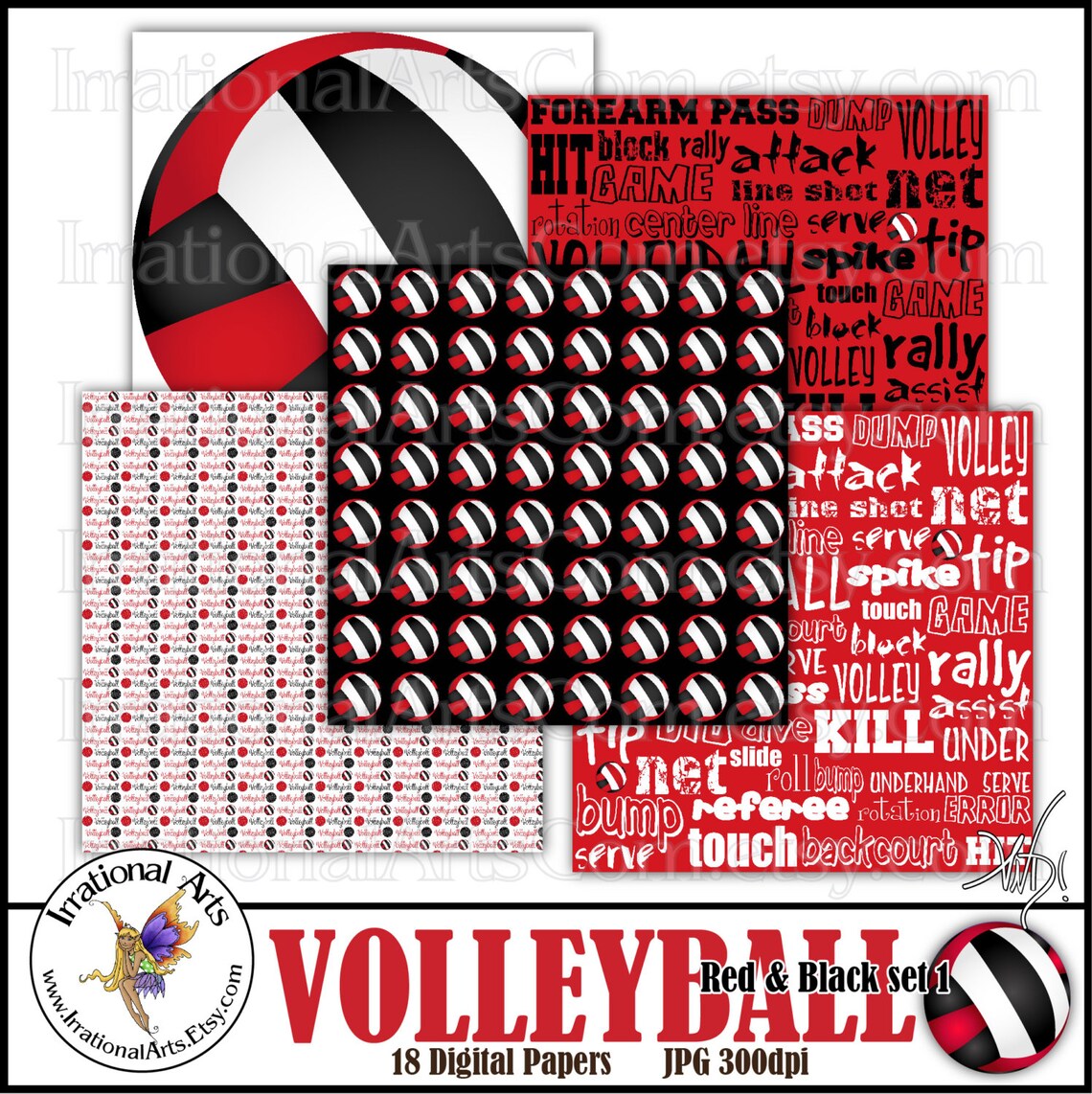 Volleyball Red and Black and White Digital Paper With 18 Jpg - Etsy
