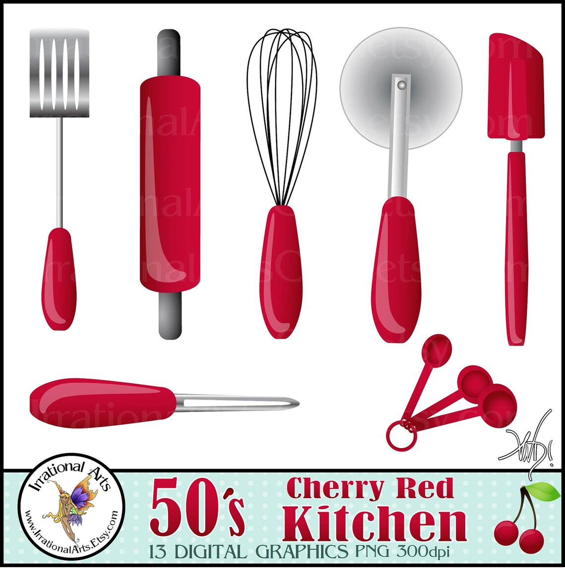 50's Cherry Red Kitsch Kitchen Digital Clipart Graphics | Etsy