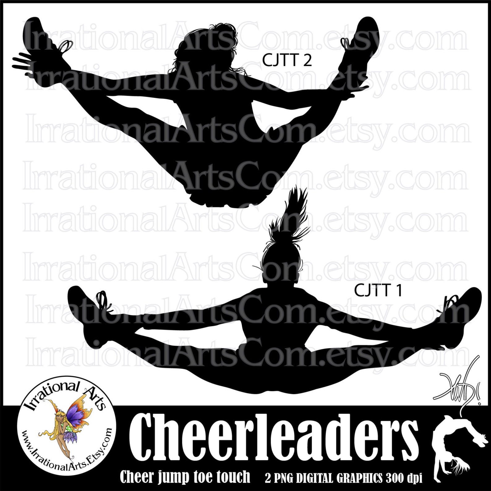 Cheerleader Jump Toe Touch Silhouettes - With 2 PNG Digital Clipart ...
