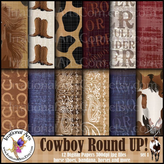 Cowboy Round Up set 1 with 12 digital papers 300dpi JPG | Etsy