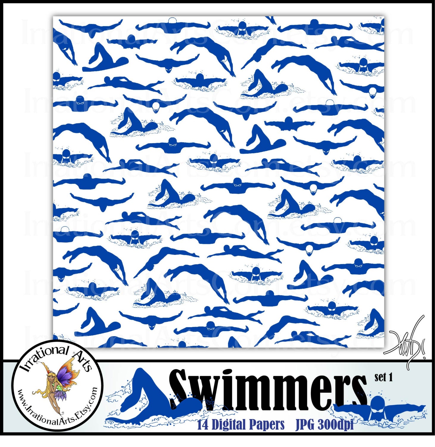 Swimmers Paper Set 1 Royal Blue and White With 14 JPG | Etsy