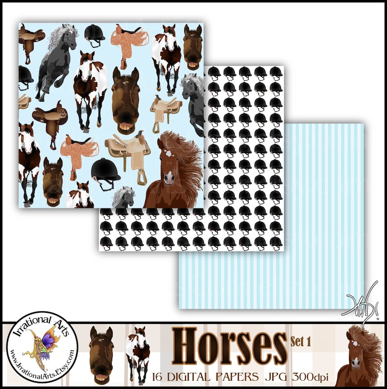 Horses Set 1 Digital Papers Patterned With Horses Saddles - Etsy