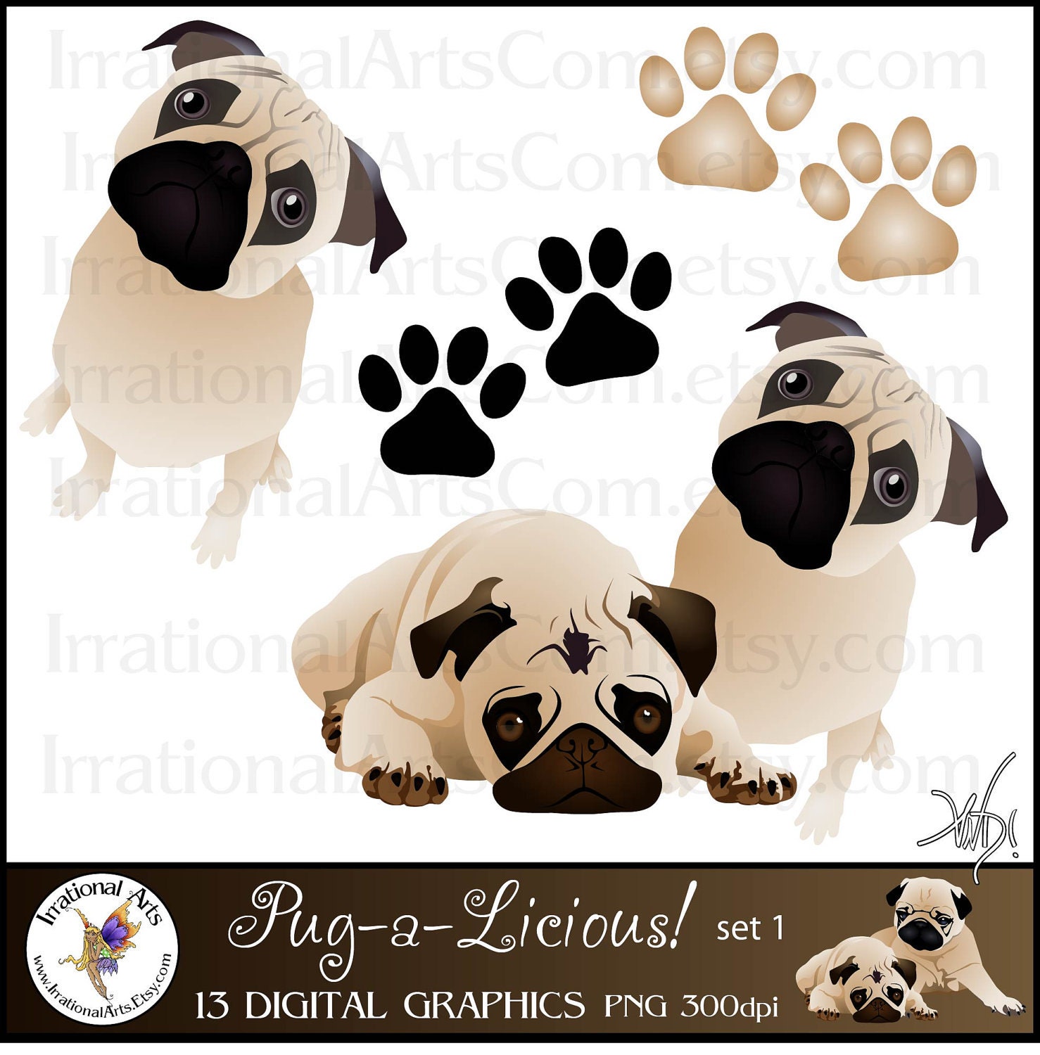 Pug-a-Licious Pug Dog Graphics set 1 with 13 PNG digital | Etsy