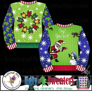 Ugly Christmas Sweaters Set 1 With 25 PNG Digital Graphics Rudolph ...