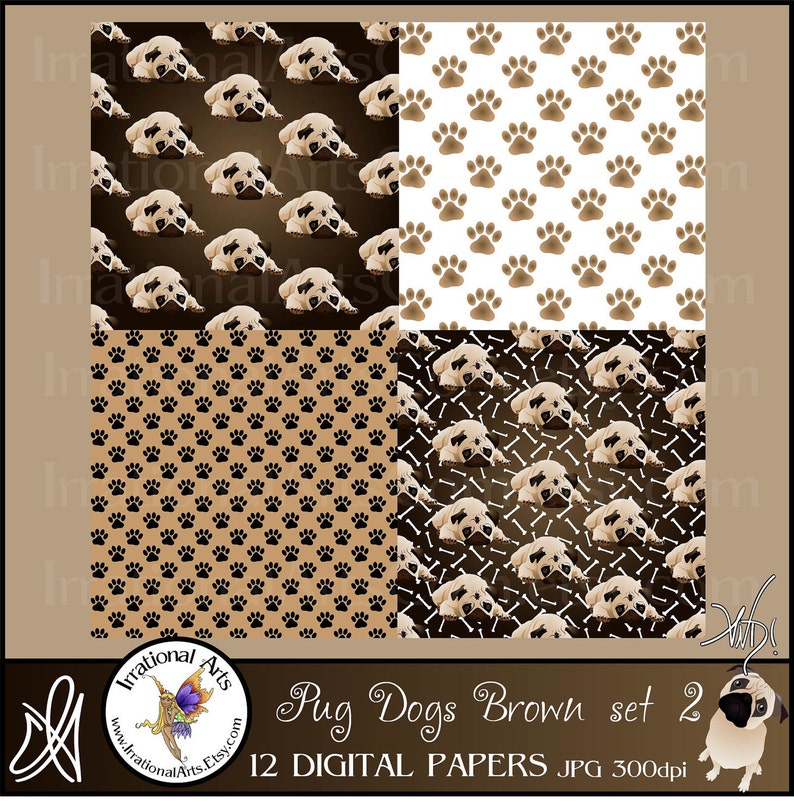 Pug Dog Browns Set 2 - With 12 Digital Papers JPG - Pug Dogs, Paw ...