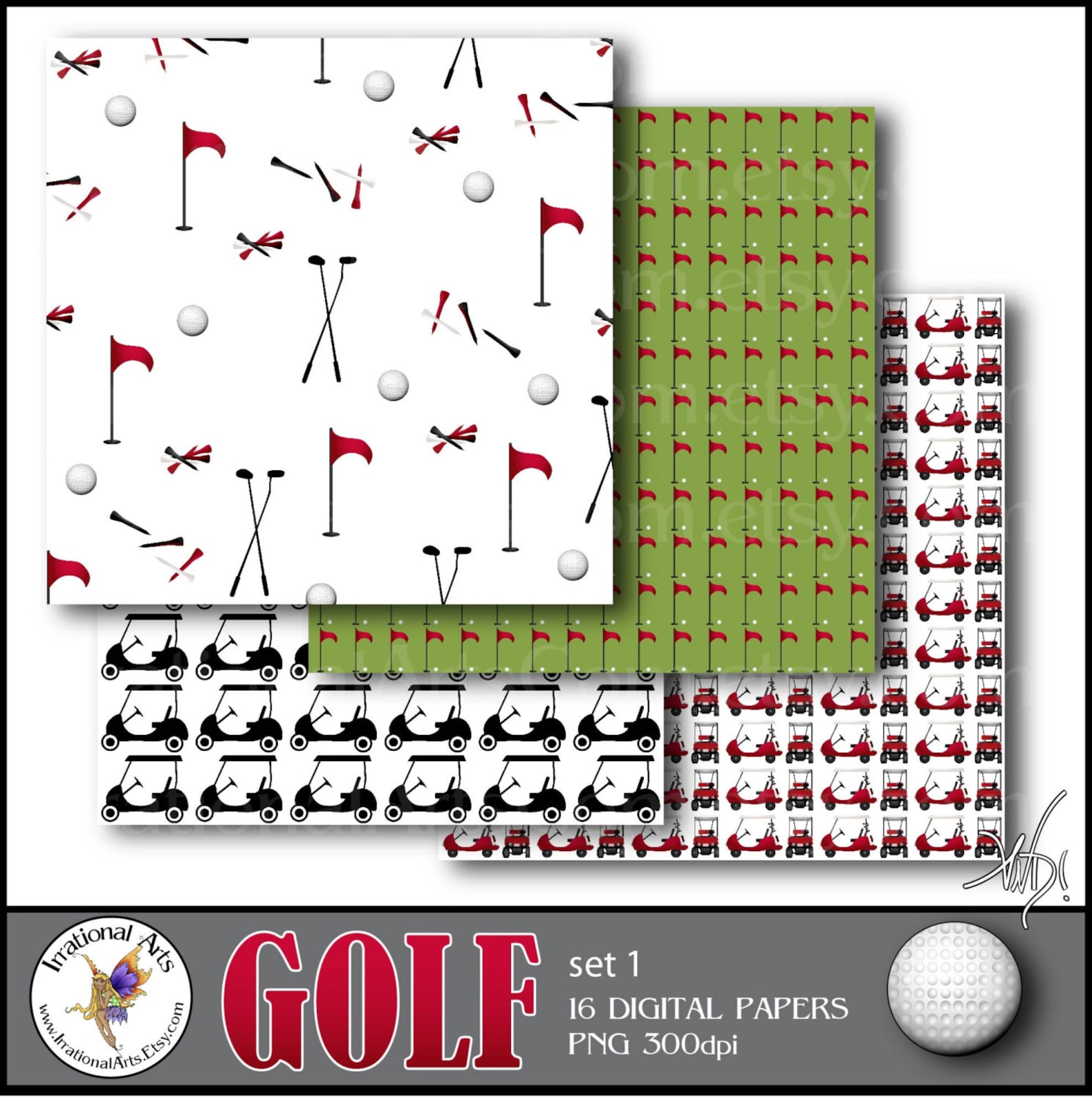 GOLF Papers Set 1 Red & Green - With 16 JPG Digital Paper Files - Golf ...