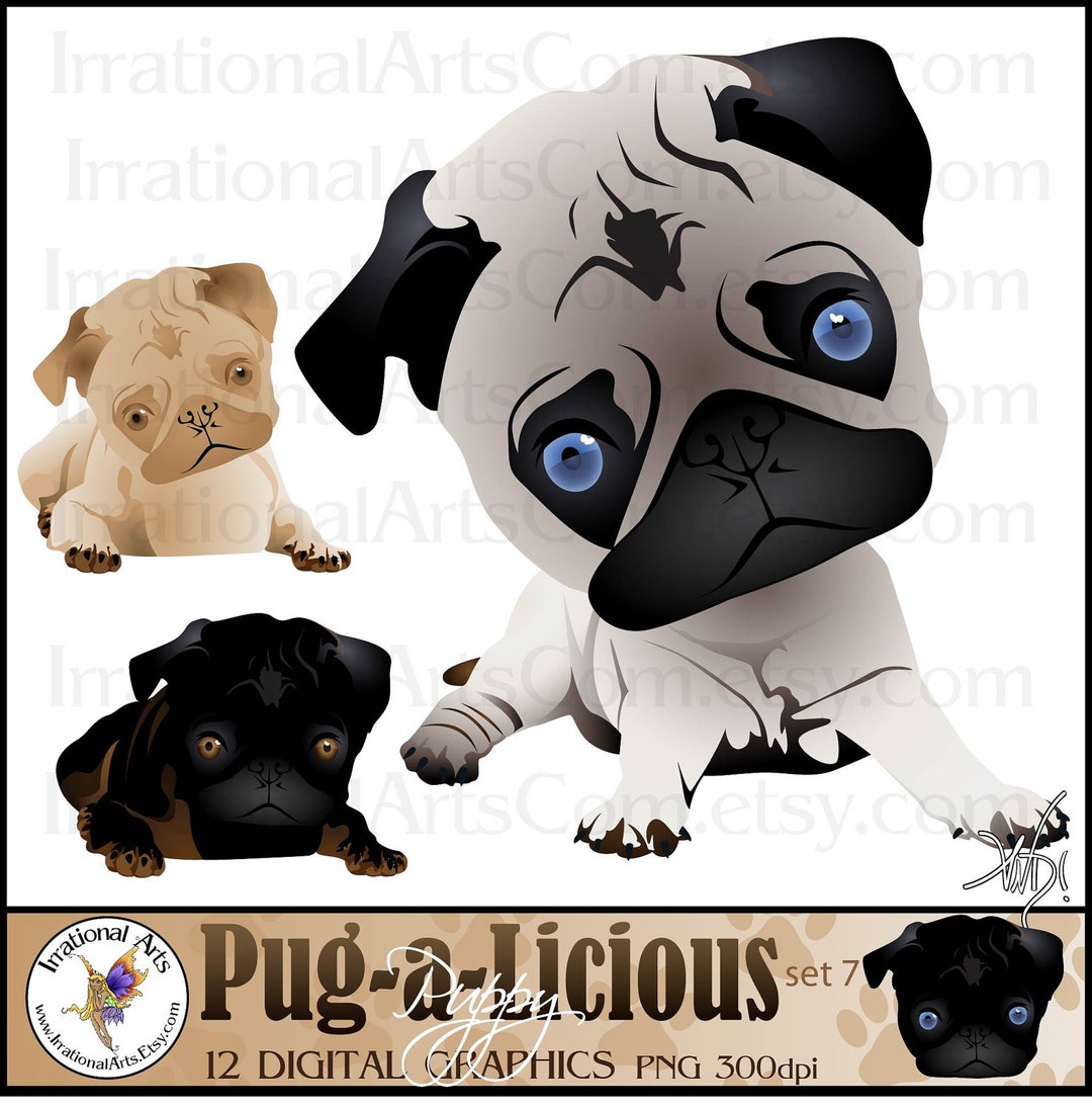 Pug-a-licious Pug Dog Graphics Set 7 - Chibi - 12 PNG Digital Clipart ...