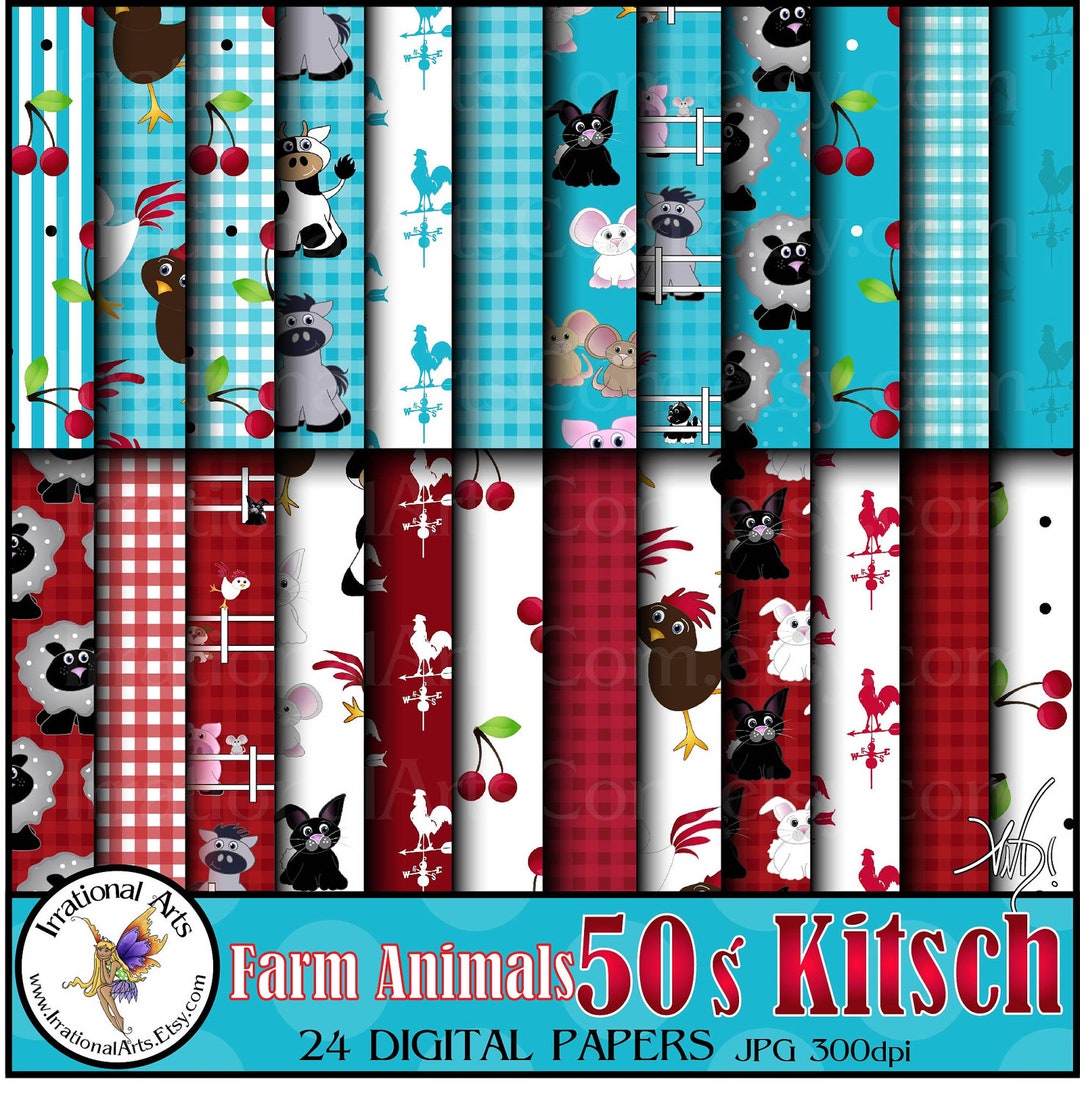 Farm Animals 50s Kitsch - With 24 JPG Digital Papers Red and Aqua Sheep ...