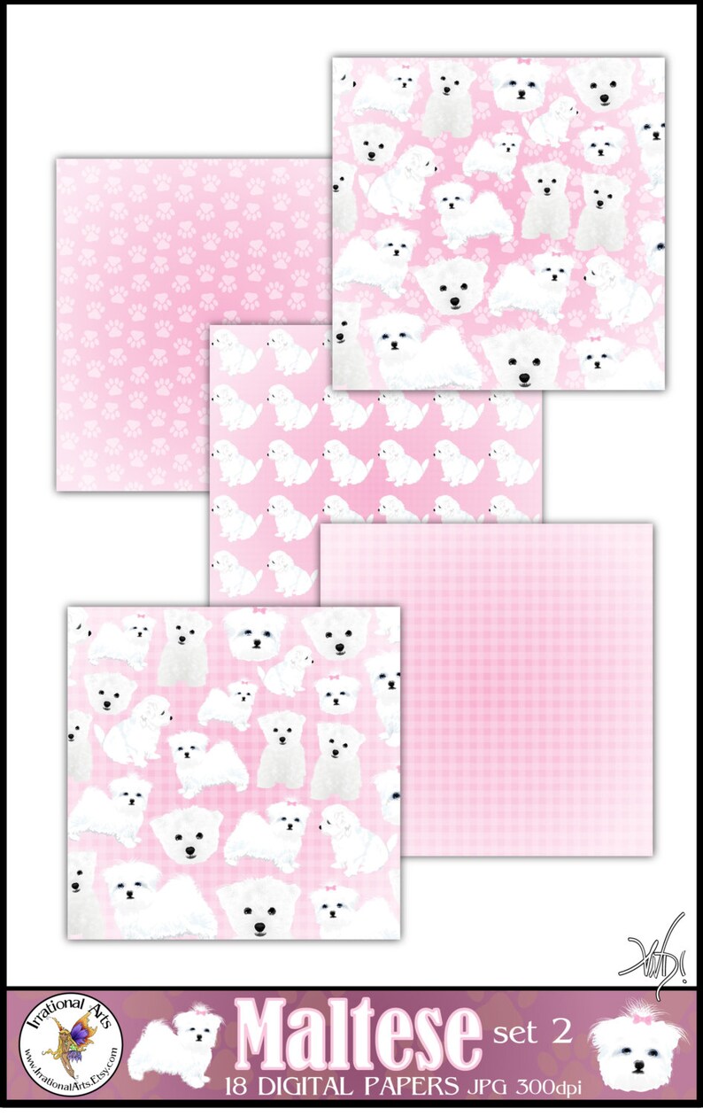 Maltese Doggies Set 2 18 Pink Digital Papers With Maltese - Etsy
