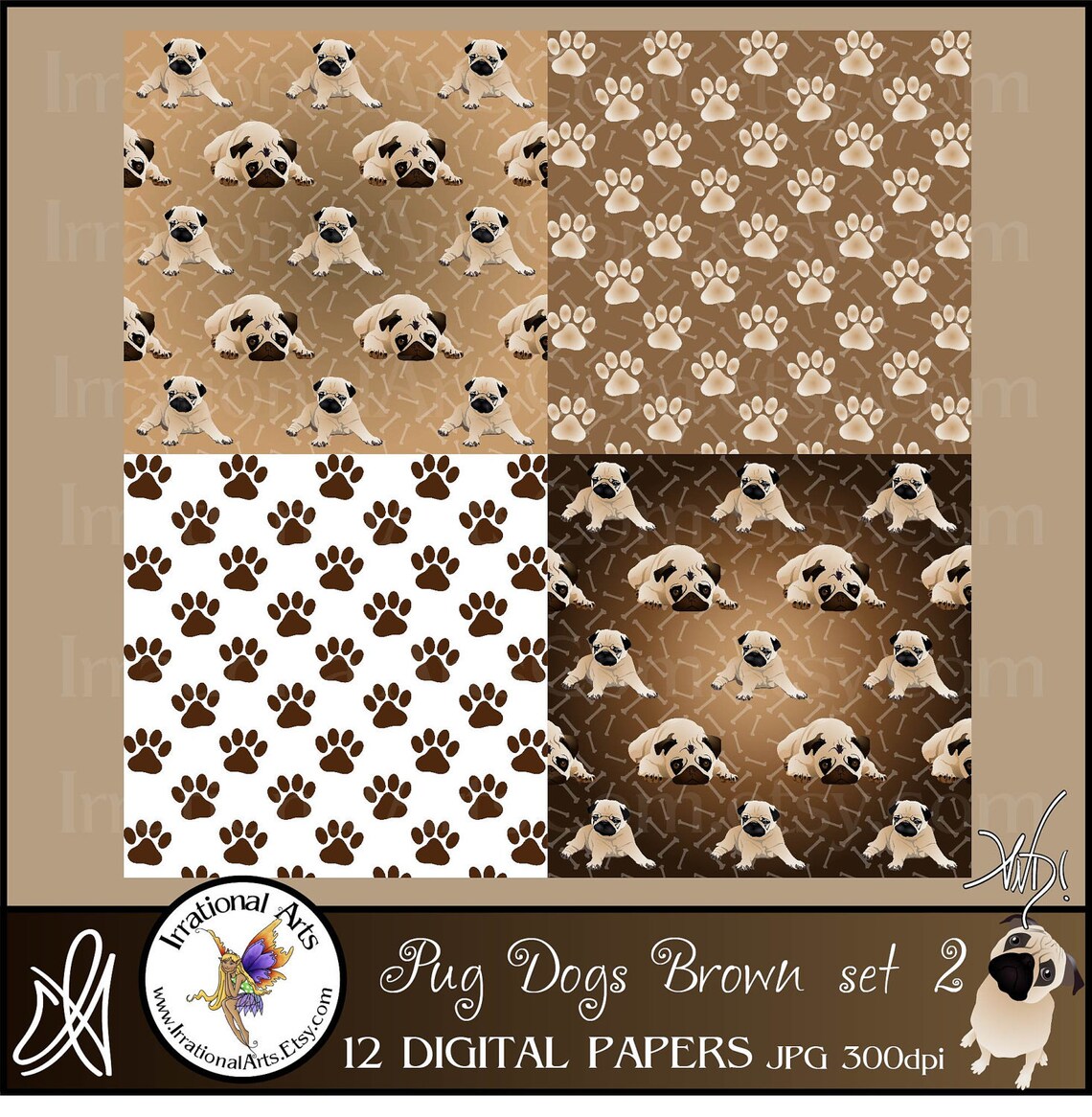 Pug Dog Browns Set 2 - With 12 Digital Papers JPG - Pug Dogs, Paw ...