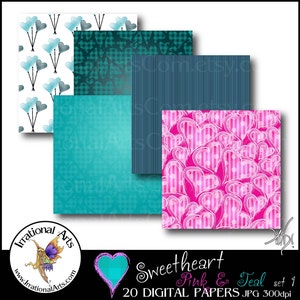 Sweetheart Pink & Teal Set 1 - Digital Scrapbooking Papers - 20 Jpg ...