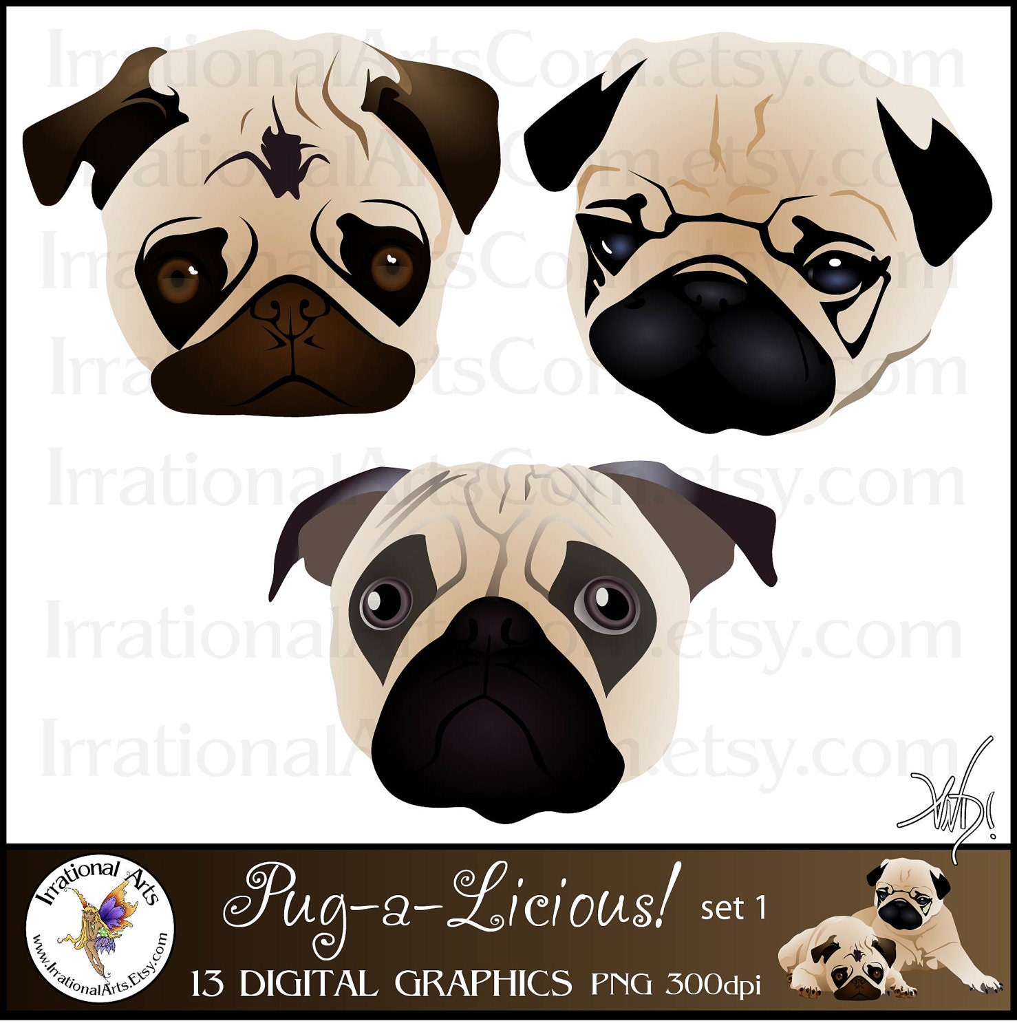 Pug-a-Licious Pug Dog Graphics set 1 with 13 PNG digital | Etsy