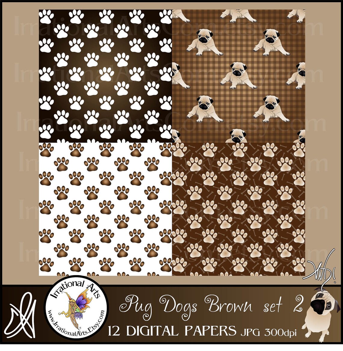 Pug Dog Browns Set 2 - With 12 Digital Papers JPG - Pug Dogs, Paw ...