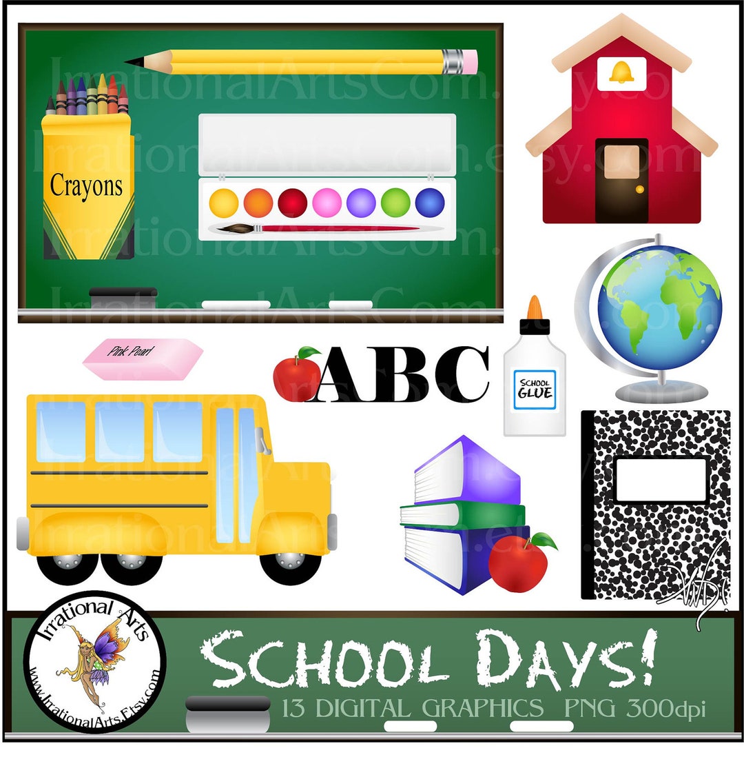 School Days Clip Art Graphics Set 1 PNG Digital Files School Bus Books ...