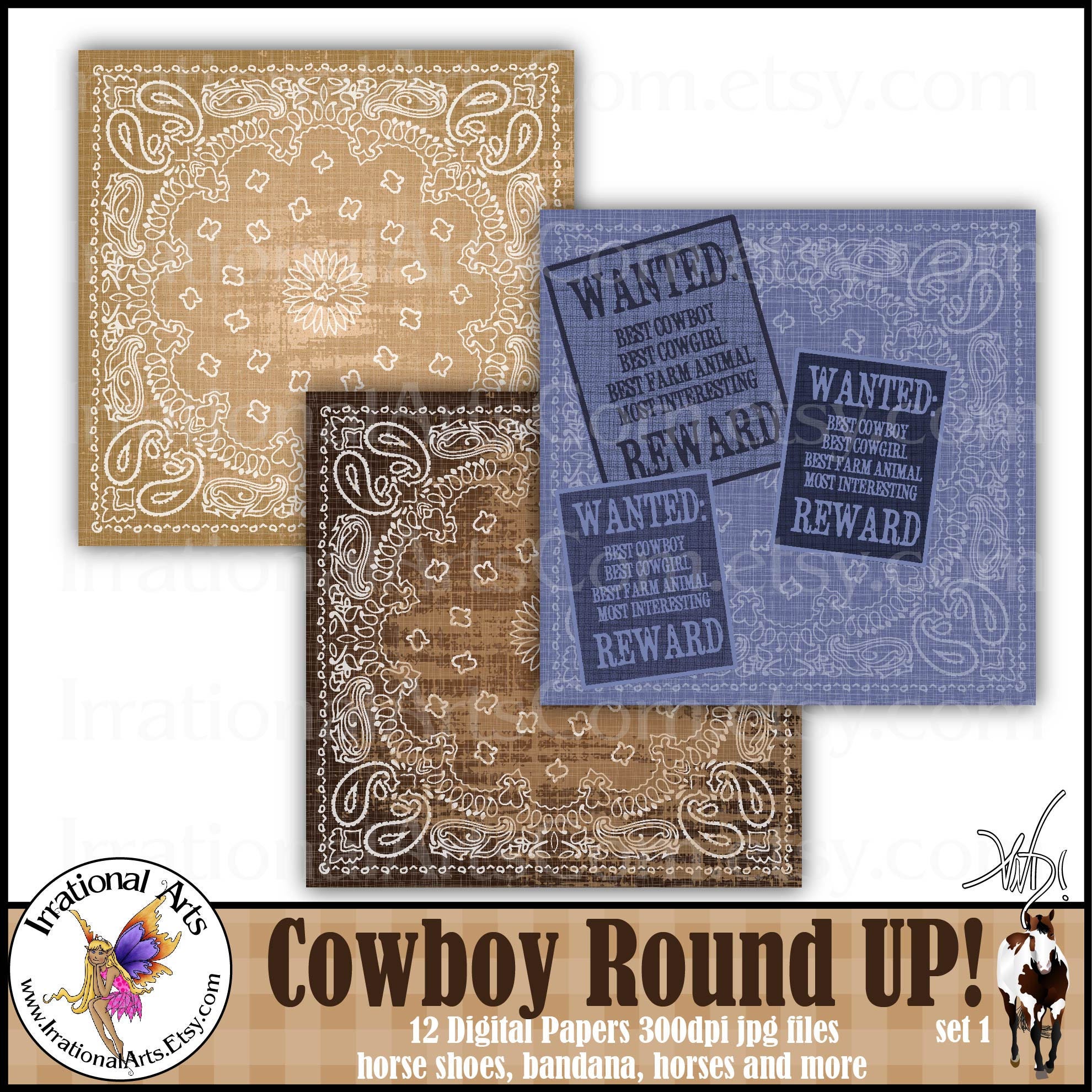Cowboy Round Up set 1 with 12 digital papers 300dpi JPG | Etsy