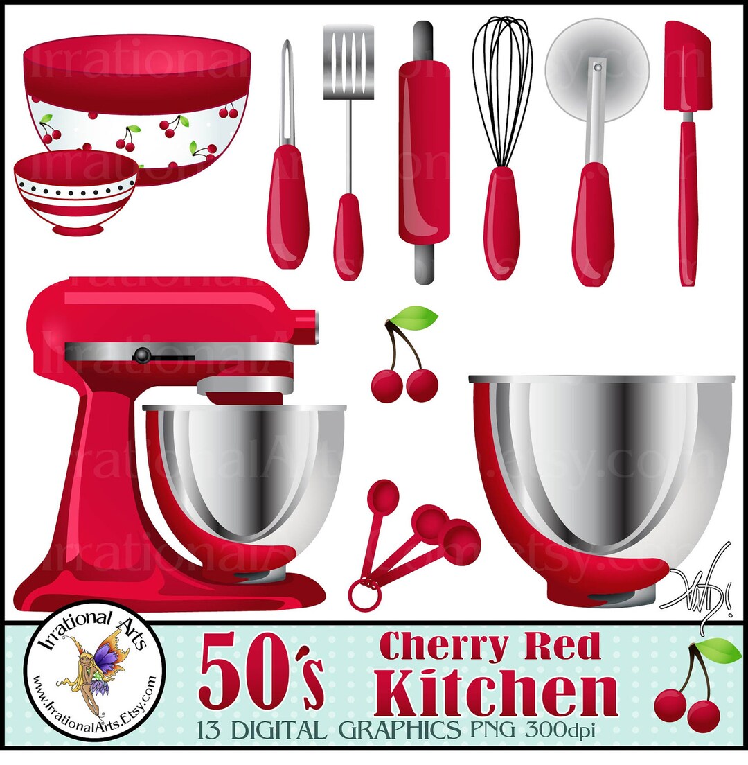 50's Cherry Red Kitsch Kitchen Digital Clipart Graphics - With 13 PNG ...