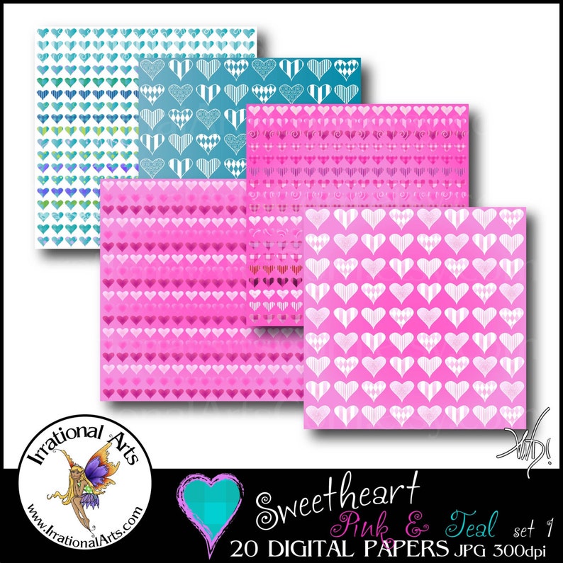 Sweetheart Pink & Teal Set 1 Digital Scrapbooking Papers - Etsy
