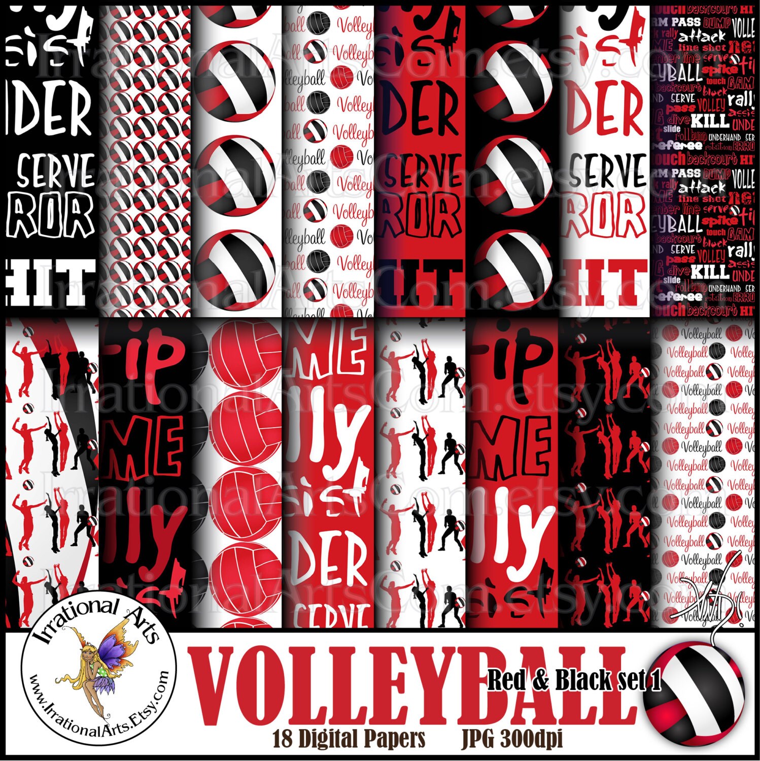 Volleyball Red and Black and White Digital Paper - With 18 Jpg Files of ...