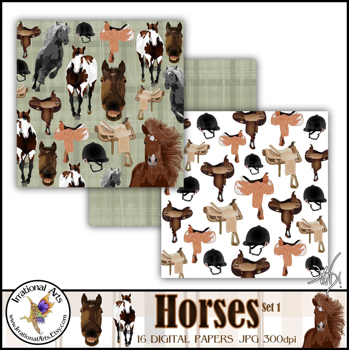 Horses Set 1 Digital Papers Patterned With Horses Saddles - Etsy
